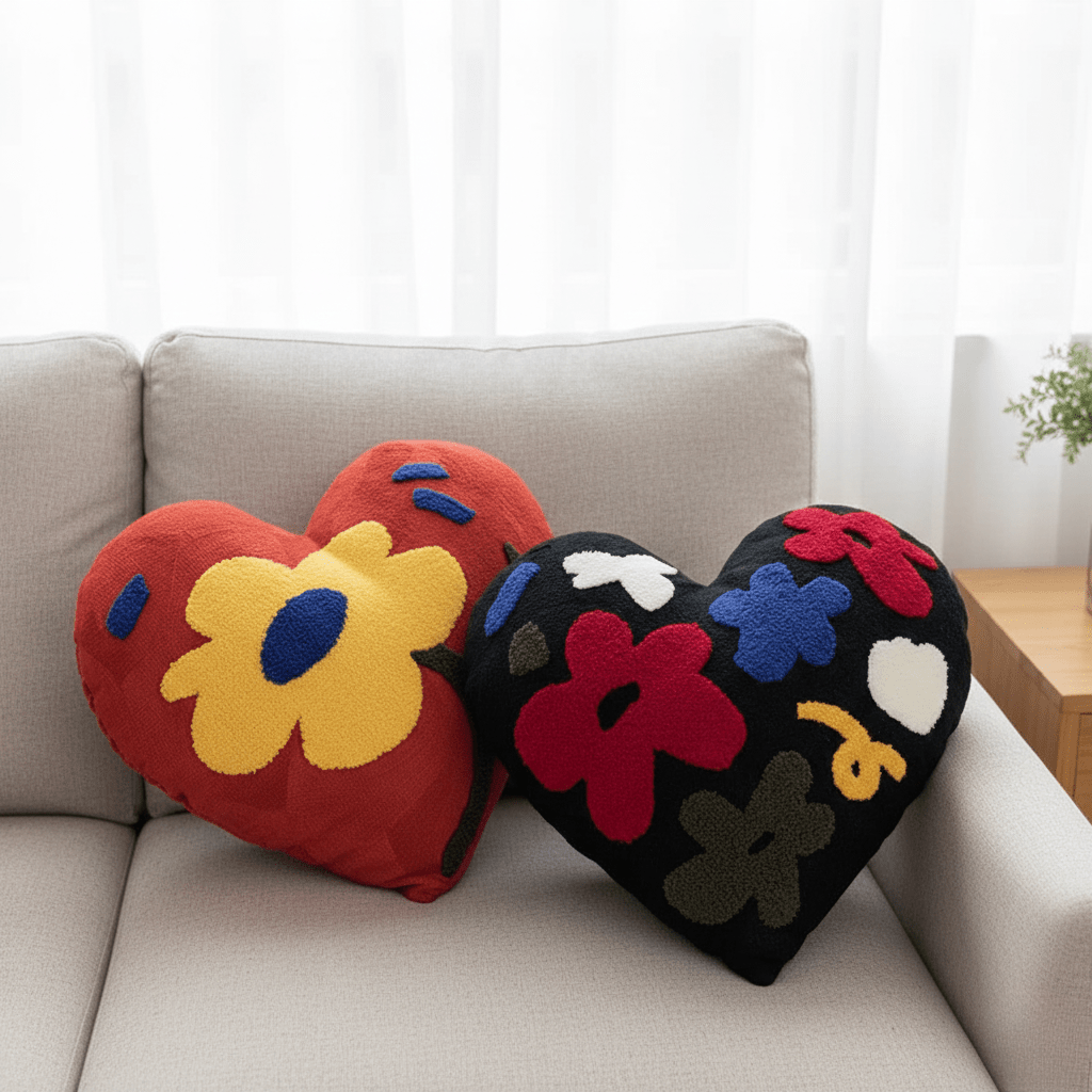 The Southern Atelier – Luxurious Heart Plush Cushion with Floral Desig